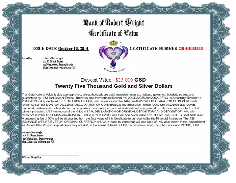 Certificate of Value - Robert Wright | PDF