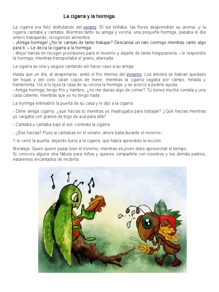 Actividades de la fábula: La cigarra y la hormiga | PDF