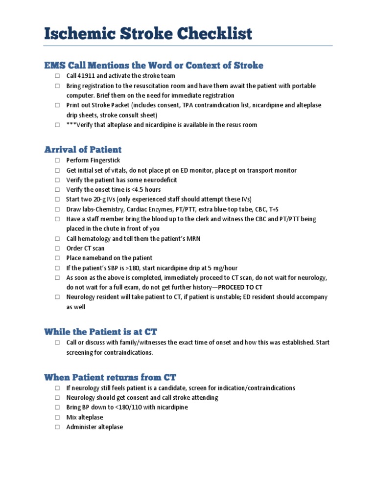 Stroke Management and Alteplase Checklist | PDF