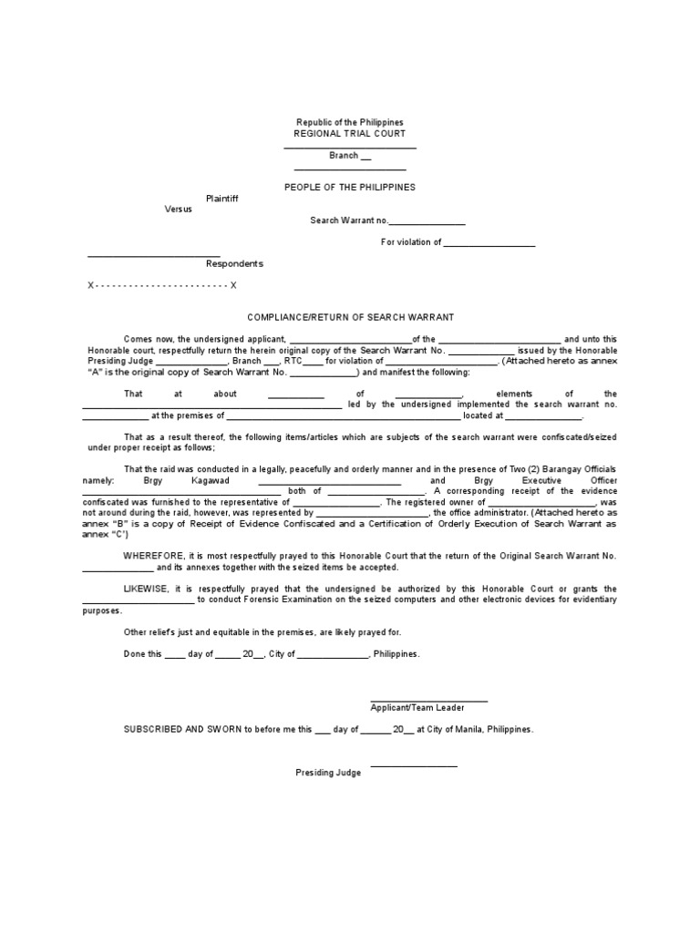 Sample Format of ComplianceReturn of Search Warrant | PDF | Search ...