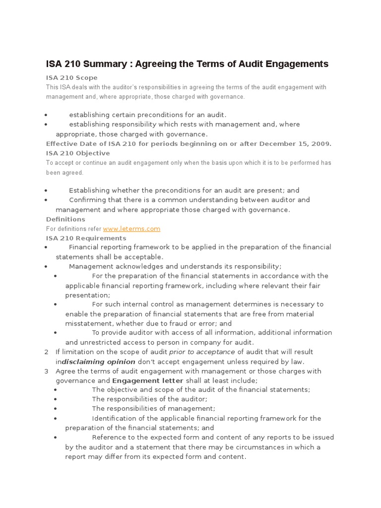 Isa 210 Summary | PDF | Financial Audit | Auditor's Report