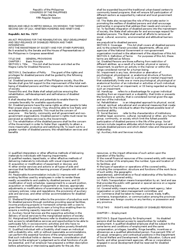 Ra 7277 | PDF | Disability | Employment