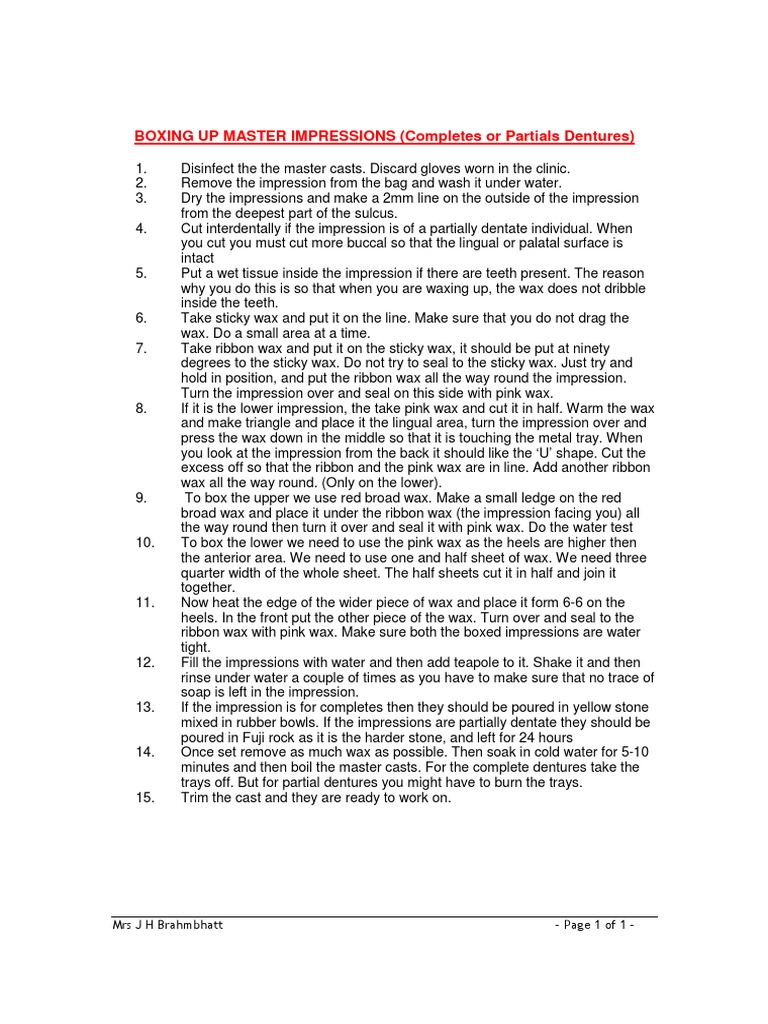 BOXING UP MASTER IMPRESSIONS (Completes or Partials Dentures) | PDF ...