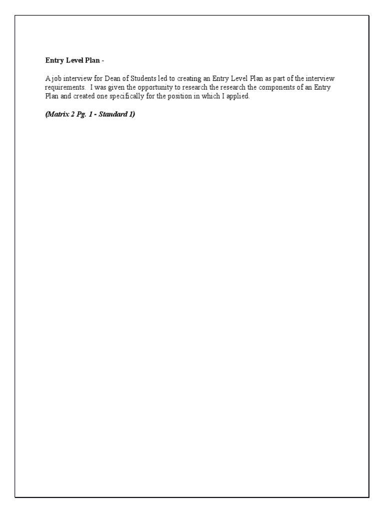 Entry Level Plan for Dean of Students | PDF