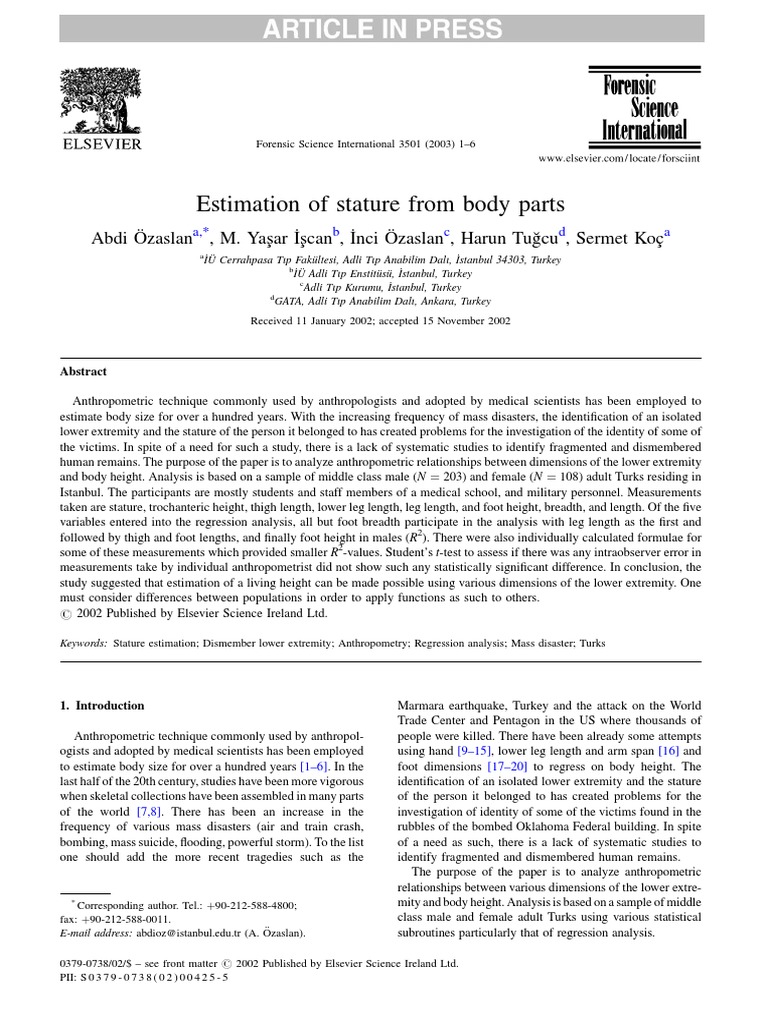 Estimation of Stature From Body Parts | PDF | Regression Analysis ...