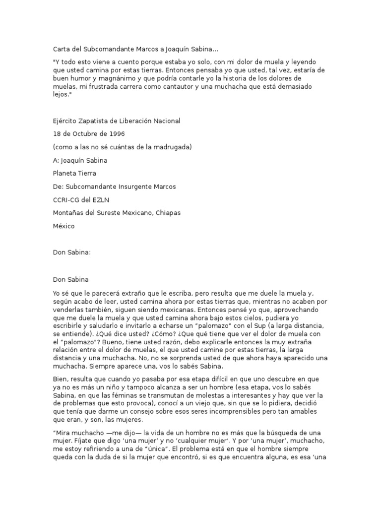 Carta Del Subcomandante Marcos A Joaquín Sabina | PDF | Ejército ...