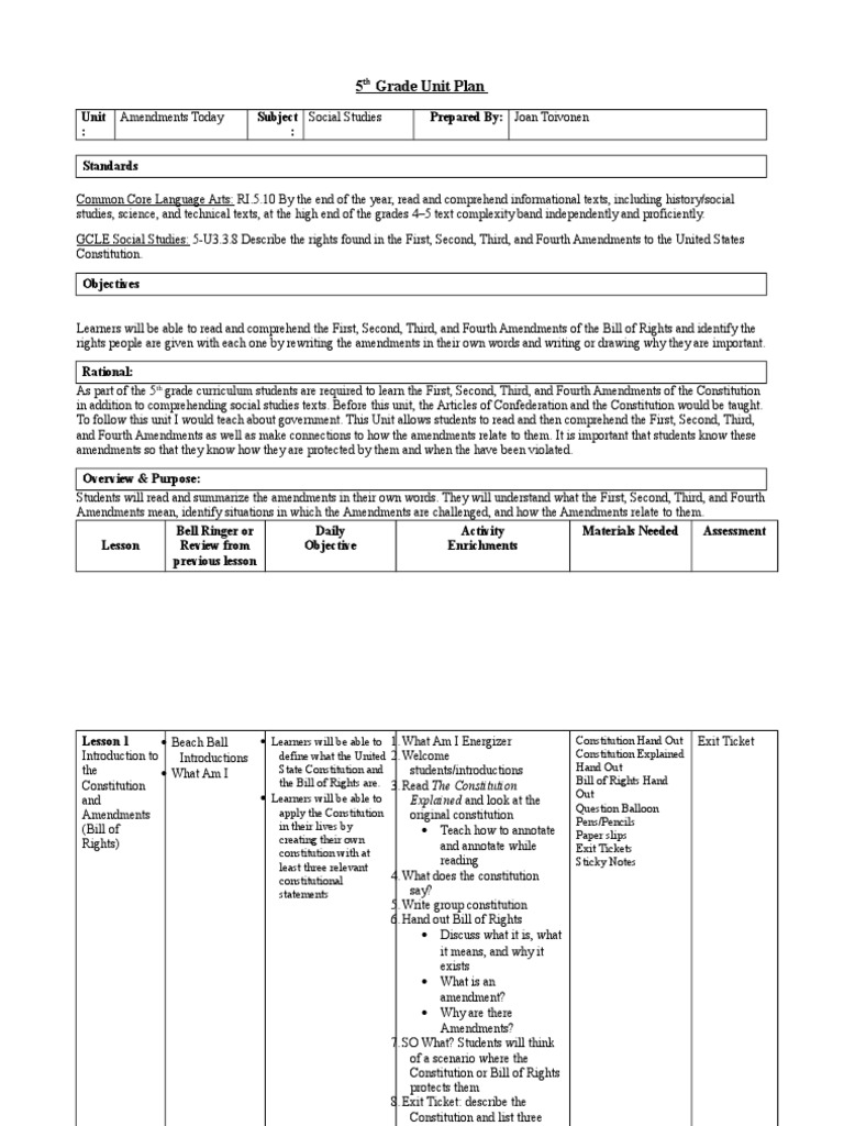 5th Grade Social Studies Unit on Amendments | PDF | Fourth Amendment To ...