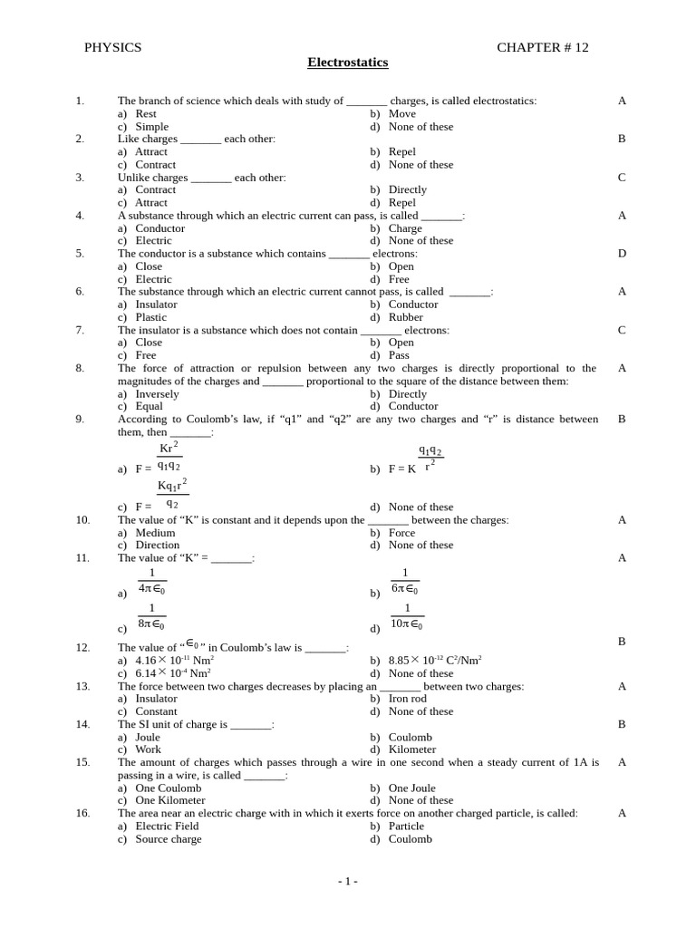 Electrostatics Quiz for Physics Students | PDF | Capacitance | Electric ...