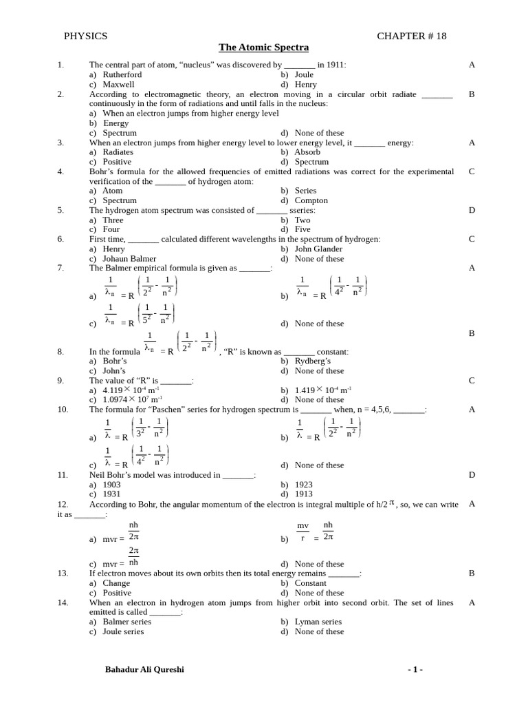 Quantum Atom and Spectra Quiz | PDF | Electromagnetic Spectrum ...