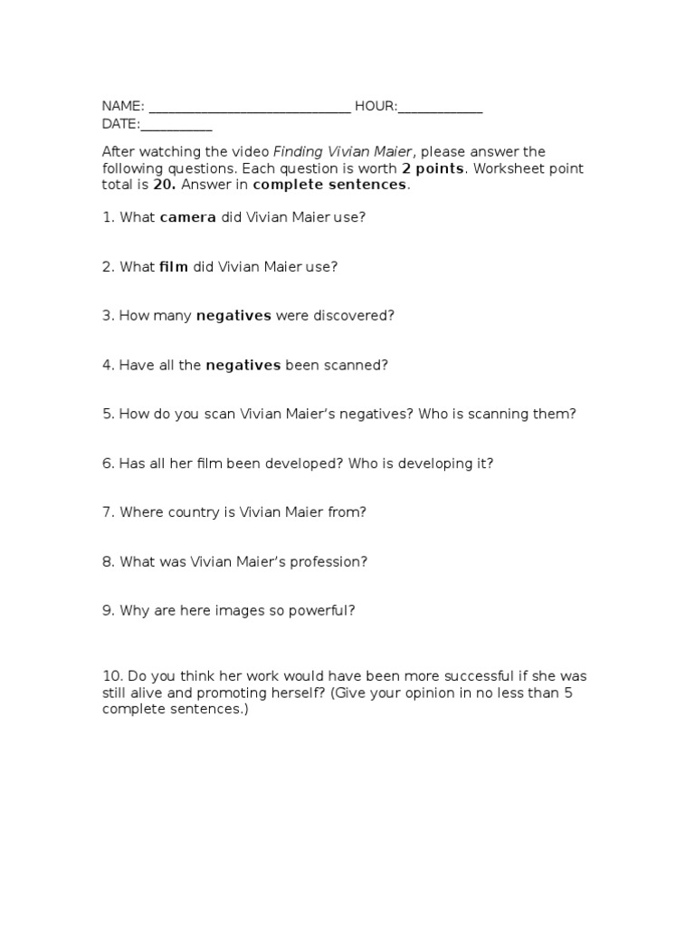 Vivian Maier Video Worksheet | PDF | Social Science | Art