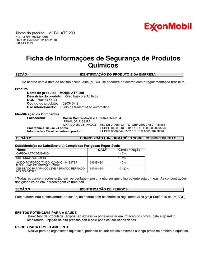 Mobil Atf 200 Msds 2010 | PDF | Roupas | Combustão