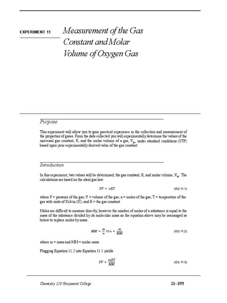 Measurement of The Gas Constant and Molar Volume of Oxygen Gas | Download Free PDF | Gases ...