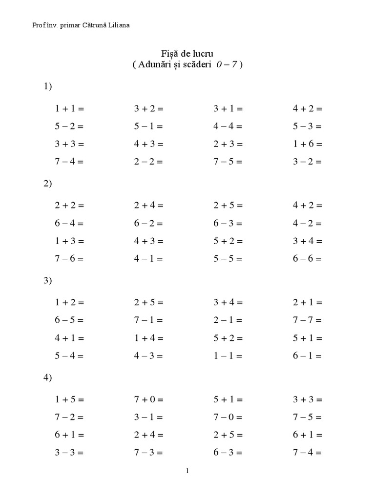 Fisa de Lucru Adunari Si Scaderi 0 7 | PDF