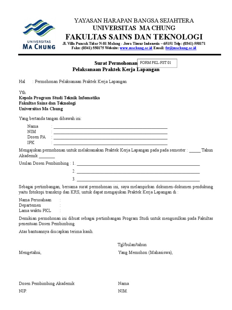 (FORM PKL-FST 01) Surat Permohonan Mahasiswa Pelaksanaan PKL | PDF