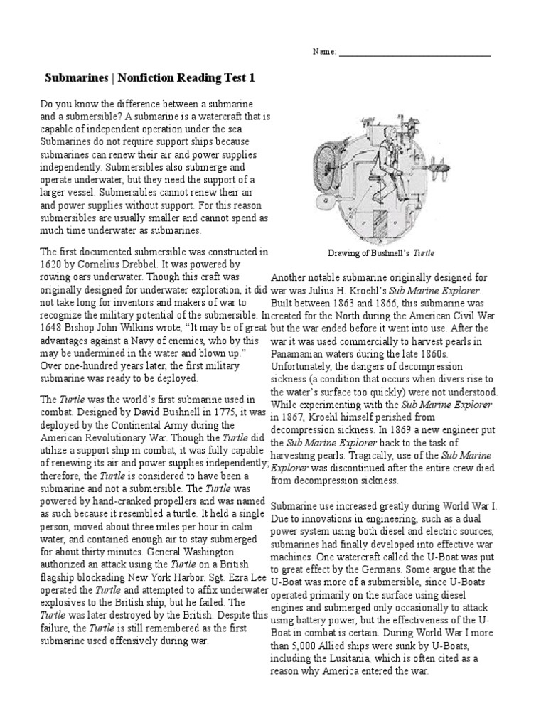 Submarines Nonfiction Reading Test 1 | PDF | Submarines | U Boats