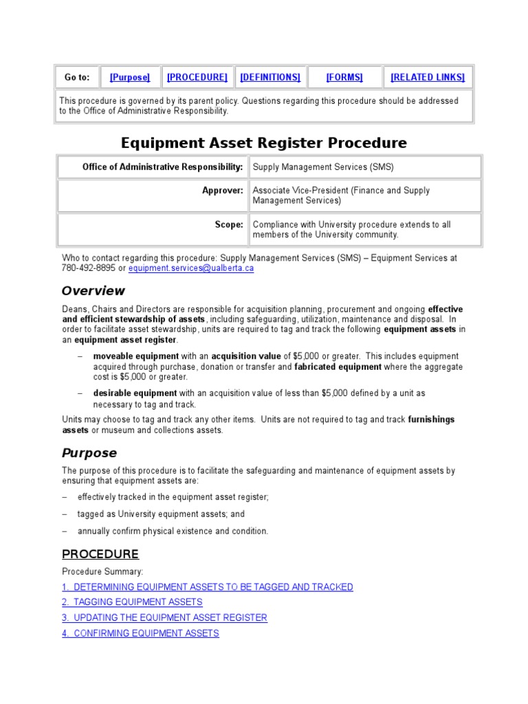 Equipment Asset Register Procedure | PDF | Mergers And Acquisitions | Lease