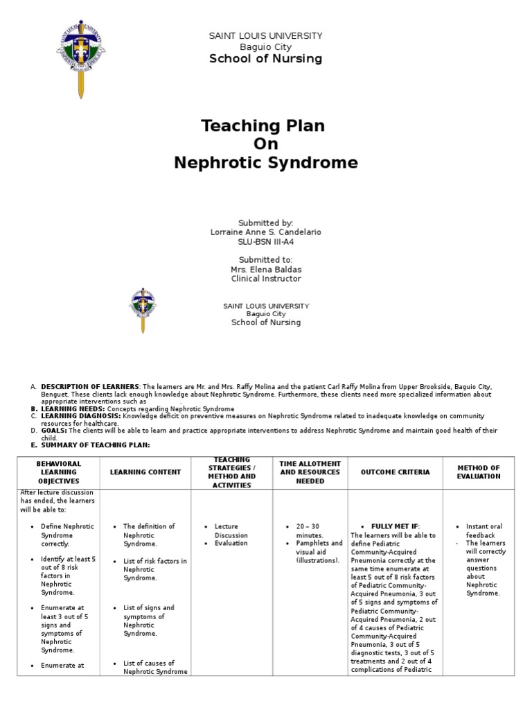Teaching Plan for Nephrotic Syndrome | PDF | Pneumonia | Health Care