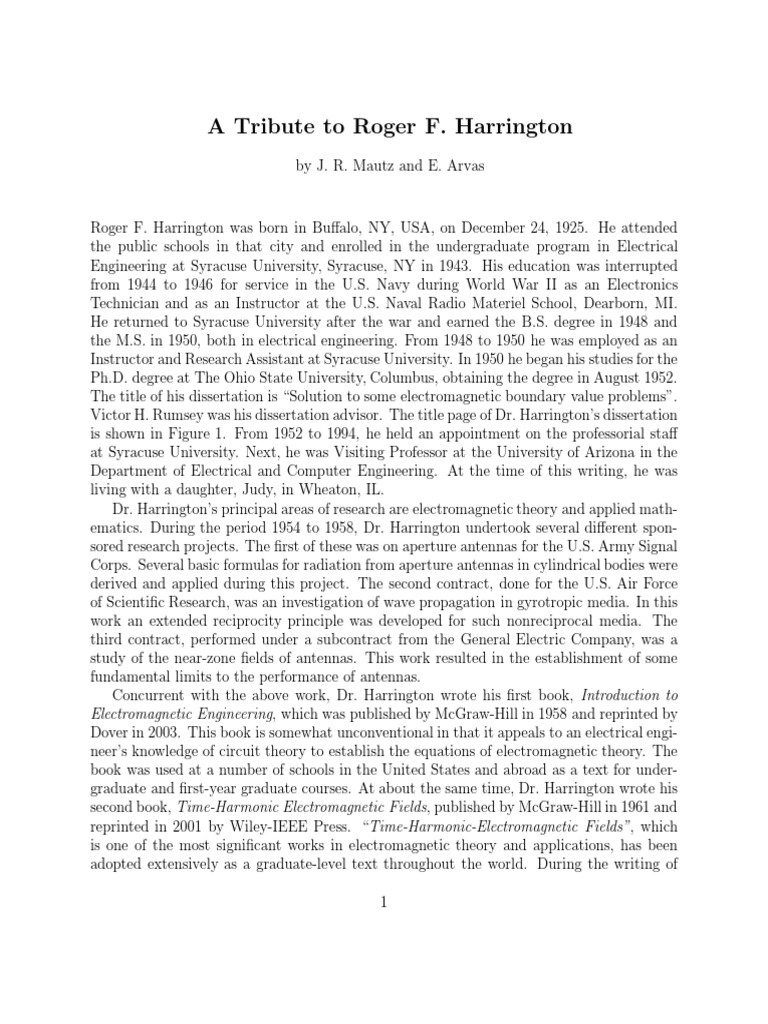 A Tribute To Roger F. Harrington | PDF | Computational Electromagnetics ...