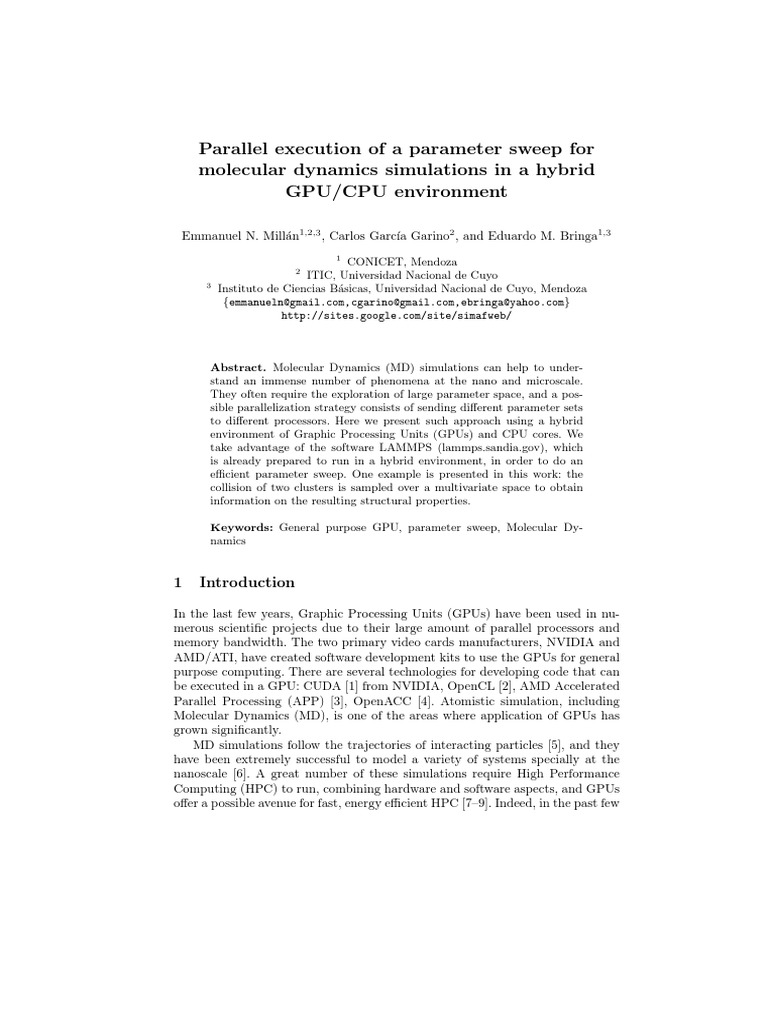 Parallel Execution of A Parameter Sweep For Molecular Dynamics Simulations in A Hybrid GPU/CPU ...