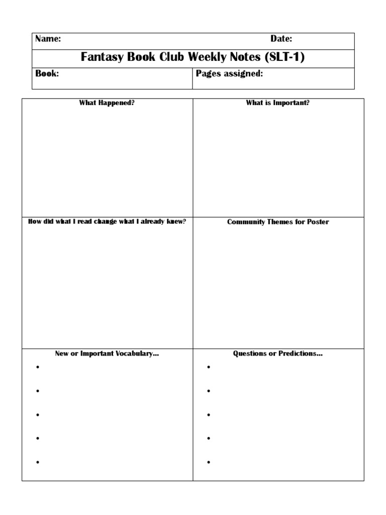 Fantasy Book Club Weekly Notes Template | PDF | Language Arts & Discipline