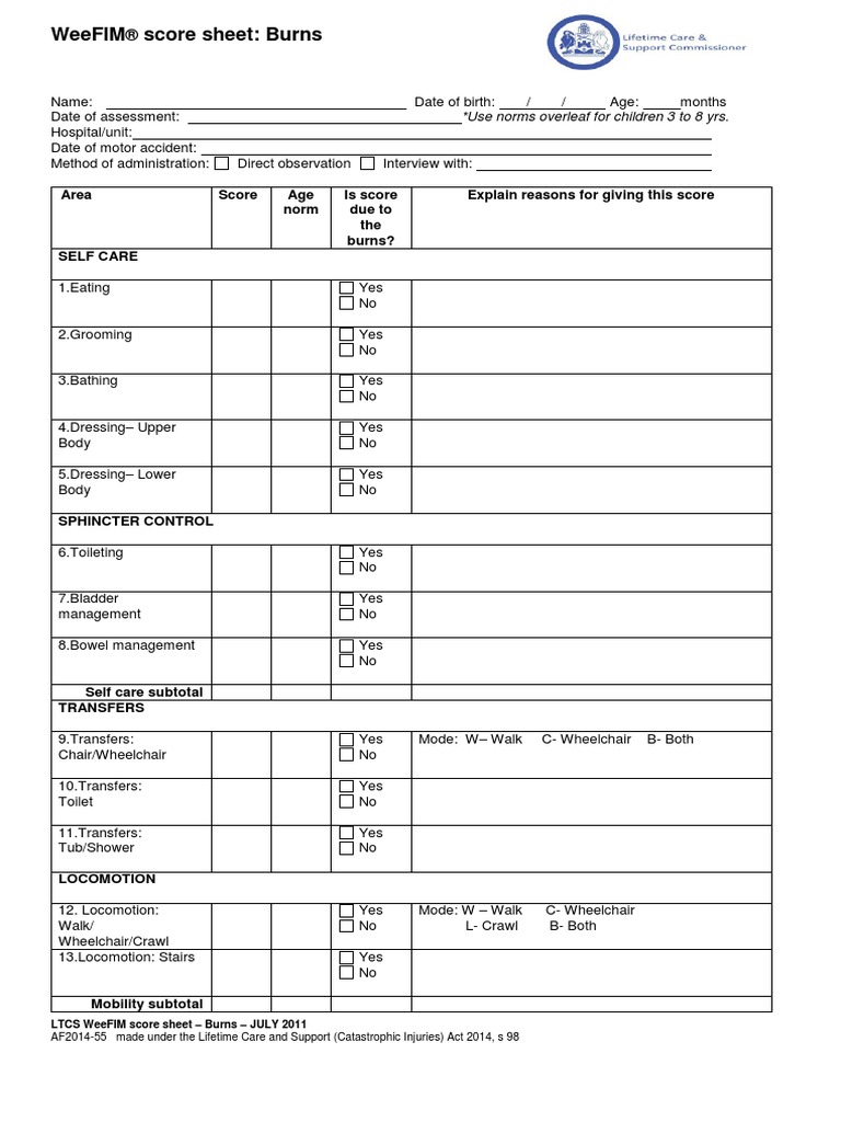 WeeFim Score Sheet Burns Including Age Norms | PDF | Business