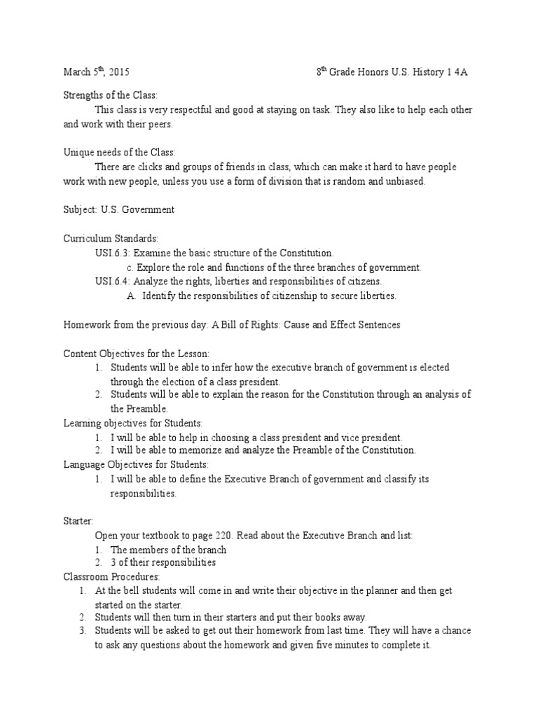 Executive Branch Lesson Plan | PDF | Elections | Presidents Of The ...