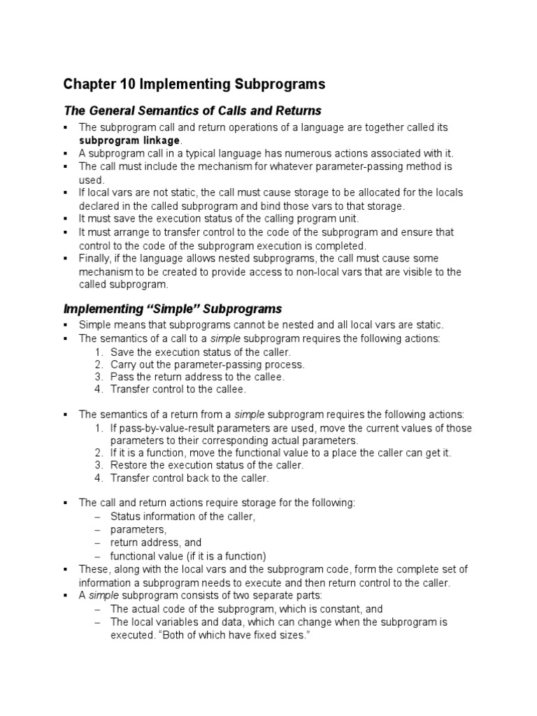 Chapter 10 Implementing Subprograms | PDF | Subroutine | C (Programming Language)