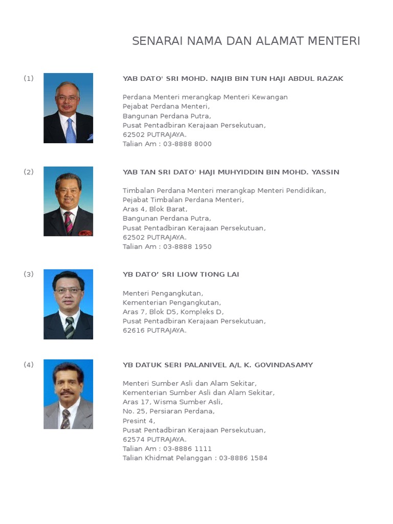 Senarai Nama Dan Alamat Menteri | PDF