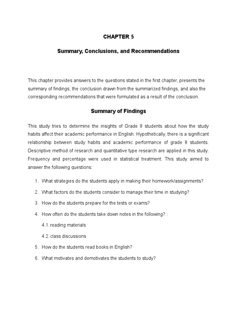 Summary, Conclusions, and Recommendations | PDF | Homework | Test ...