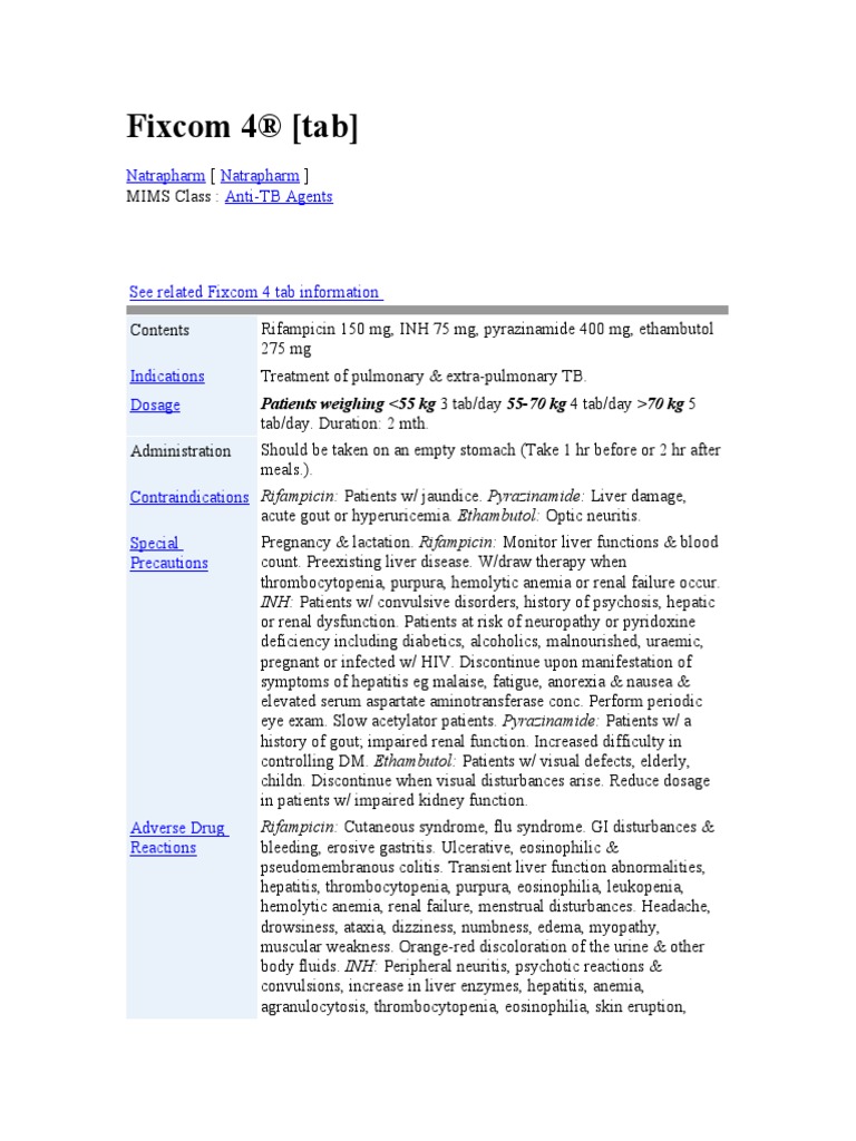 Fixcom 4® (Tab) : Natrapharm Natrapharm Anti-TB Agents | PDF | Medicine ...