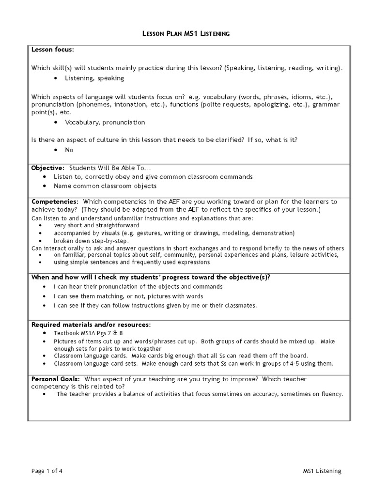 Ms 1 A Listening Lesson Plan | PDF | Lesson Plan | Idiom