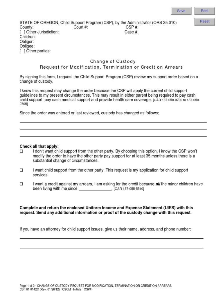 Request for Modification of a Child Support Order Due to a Change in ...