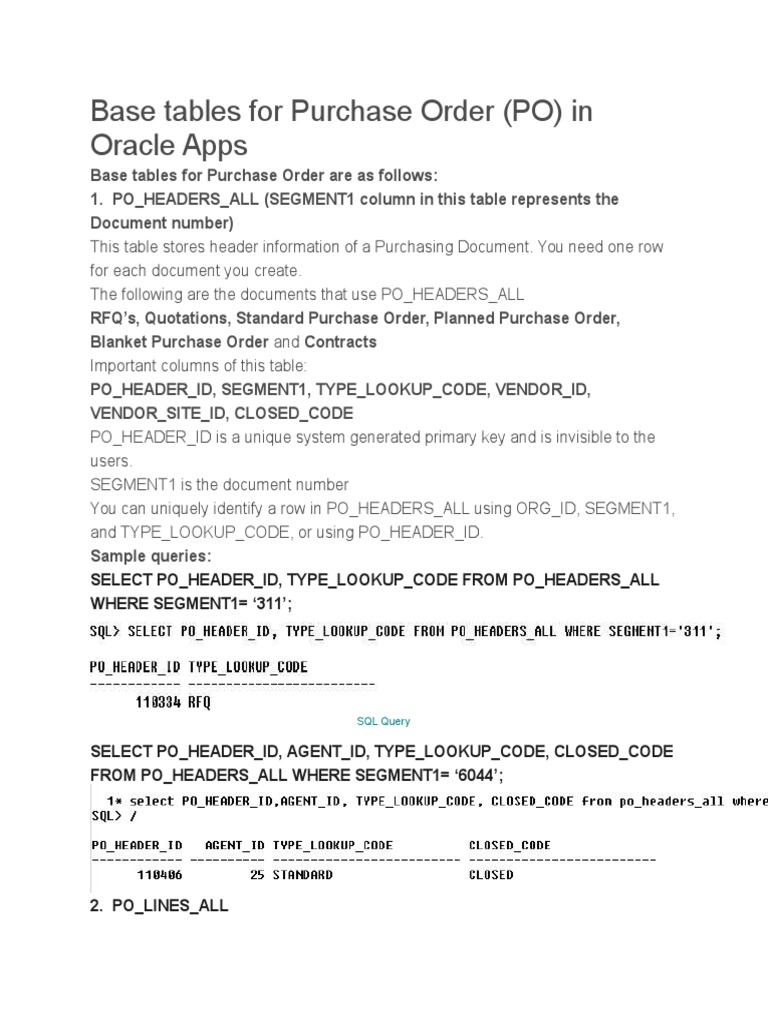 Oracle Fusion PO Base Tables Overview | PDF | Table (Database) | Sql