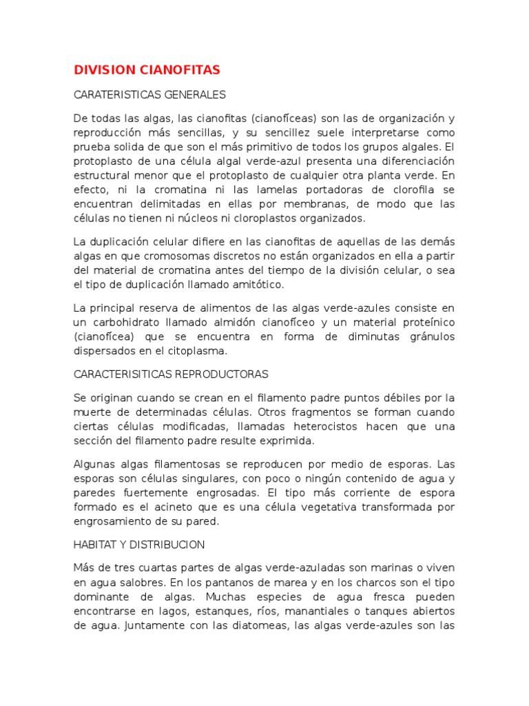 Características de las Cianofitas | PDF | Plantas | Biología Celular)