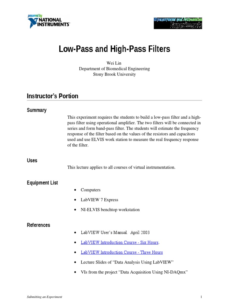 Low-Pass and High-Pass Filters: Instructor's Portion | PDF | Low Pass ...