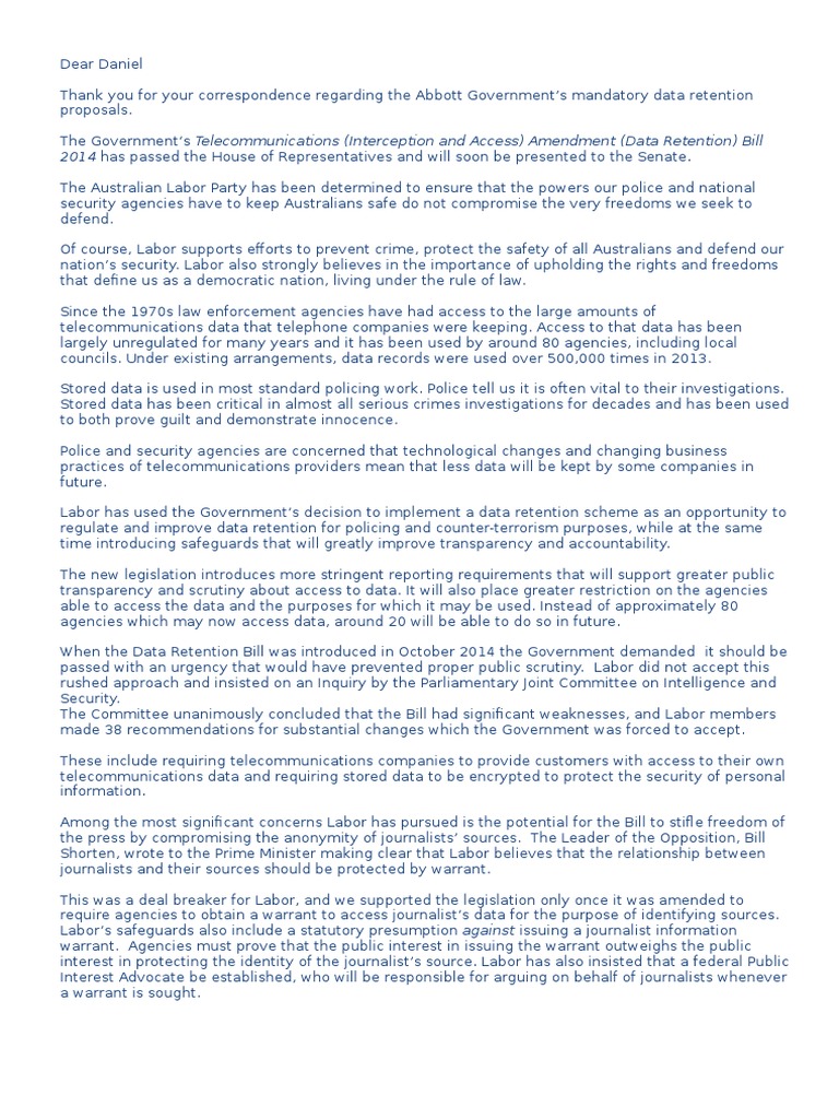 ALP Data Retention Response | PDF | Government | Government Information