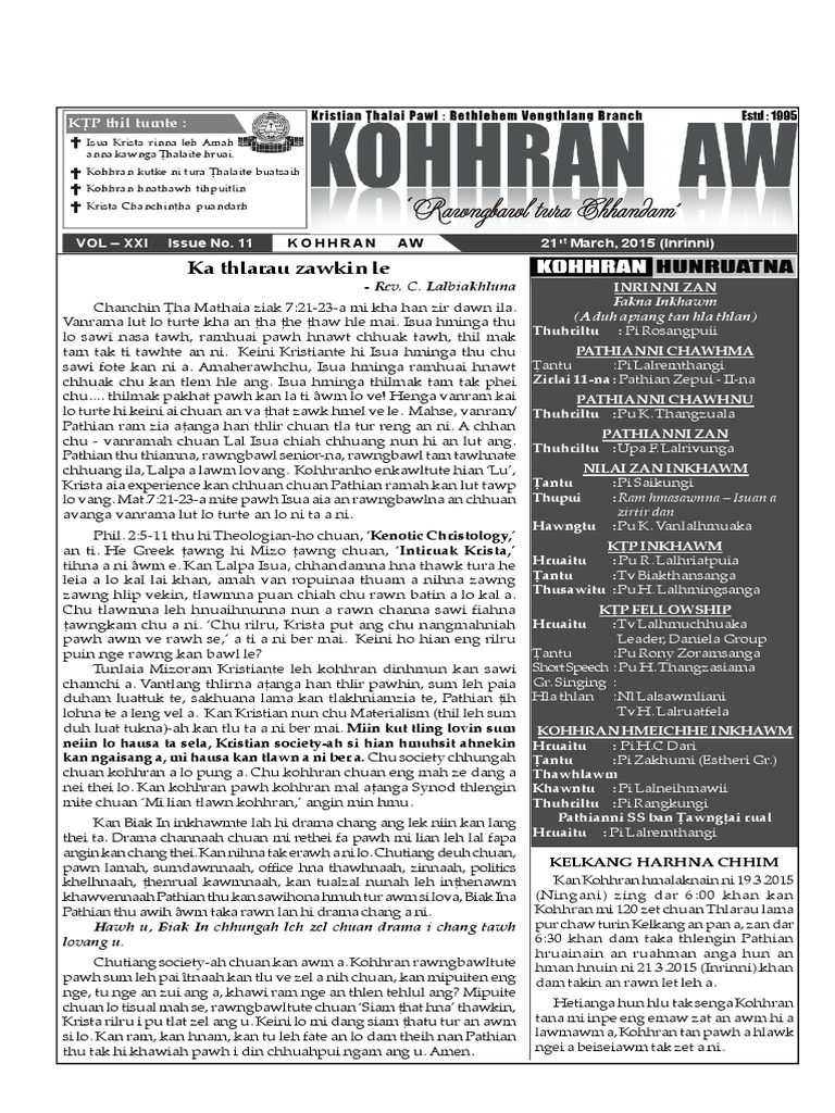 Isua Krista: Kohhran Hruai Insights | PDF | Religion & Spirituality