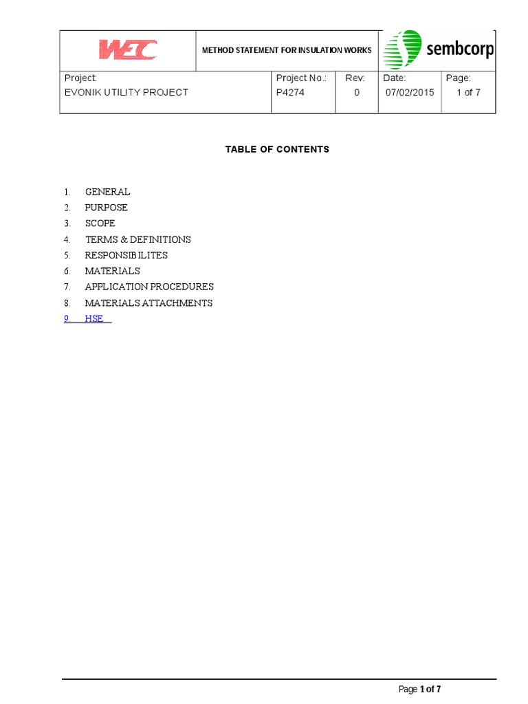Method Statement For Insulation Works | PDF | Chemistry | Waste