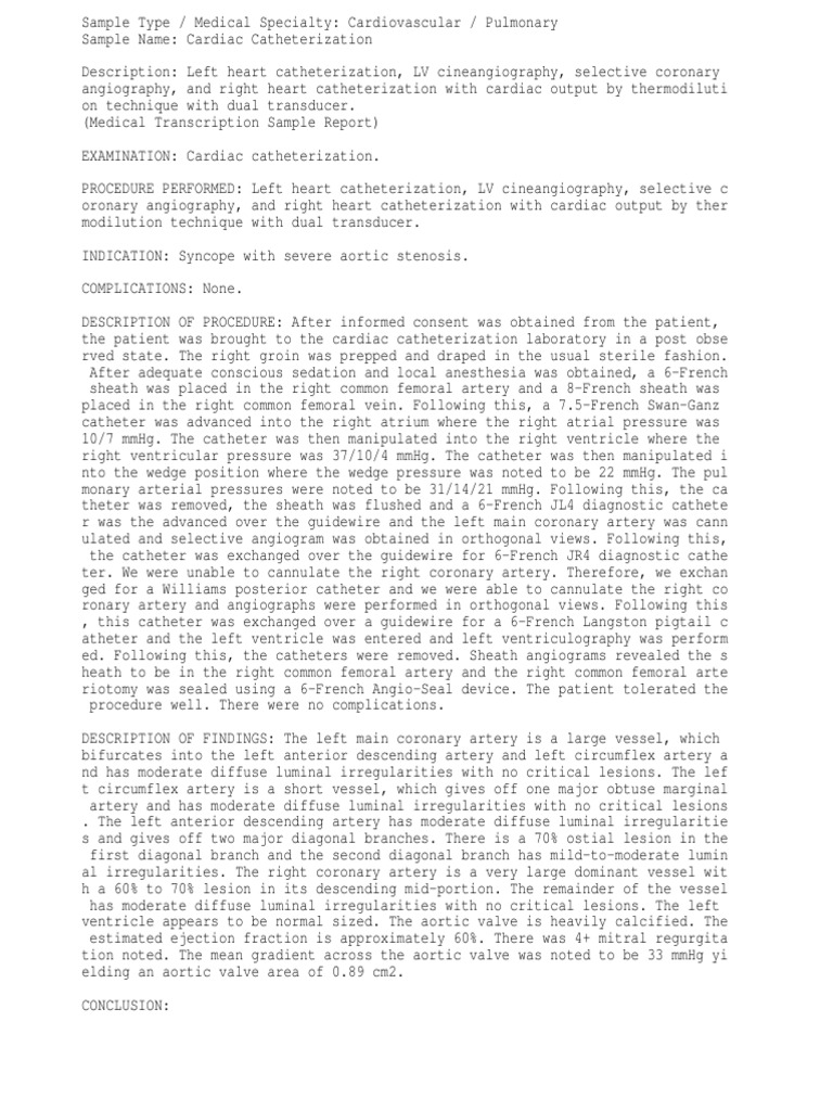 Comprehensive Cardiac Catheterization Report Detailing Findings of ...