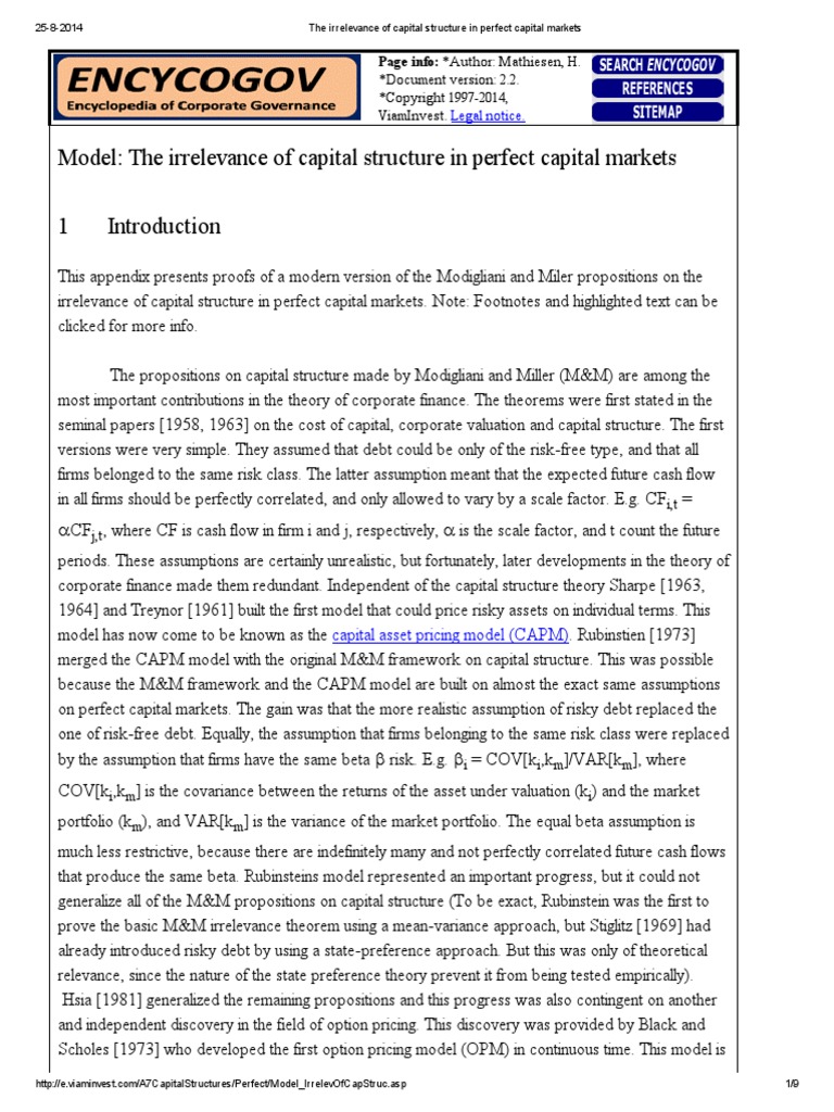 The Irrelevance of Capital Structure in Perfect Capital Markets | PDF | Capital Structure | Cost ...