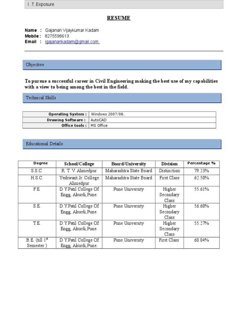 Civil Engineering Resume of Gajanan Kadam | PDF | Computers