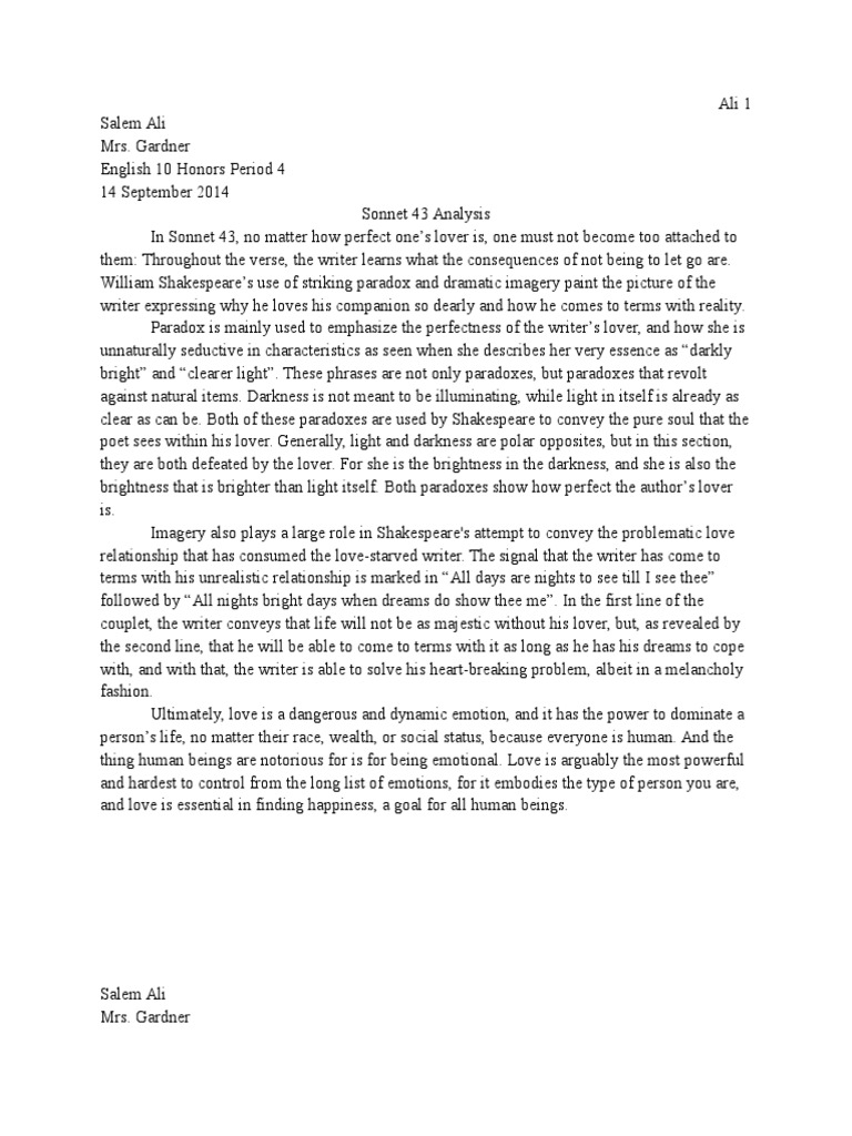 Sonnet 43 Analysis Pdf Darkness William Shakespeare
