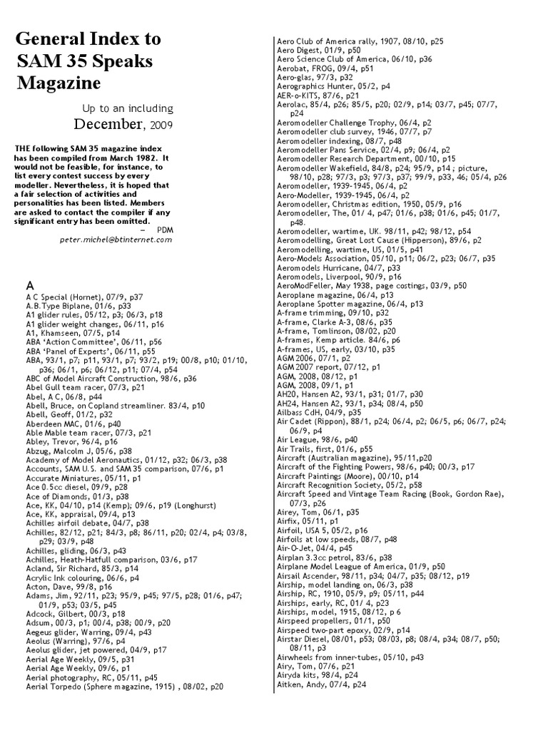 General Index To SAM 35 Speaks Magazine: December | PDF | Aircraft ...