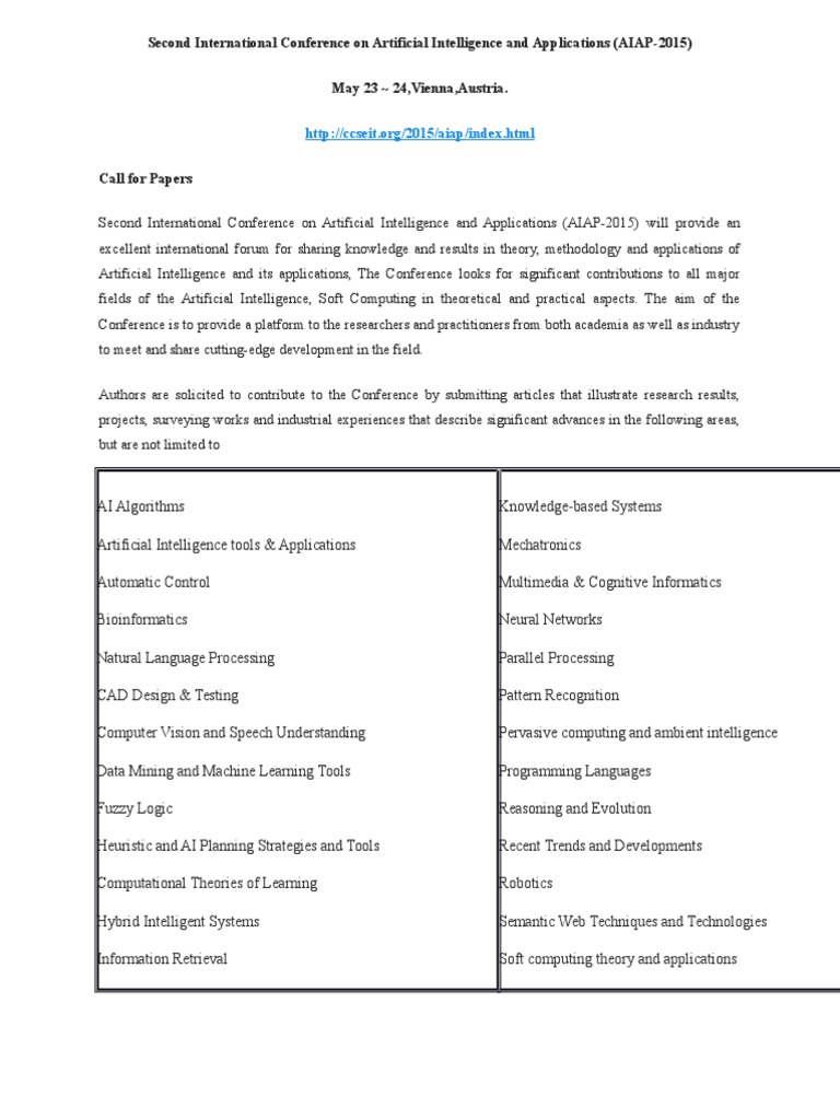Second International Conference On Artificial Intelligence and Applications (AIAP-2015) May 23 ...