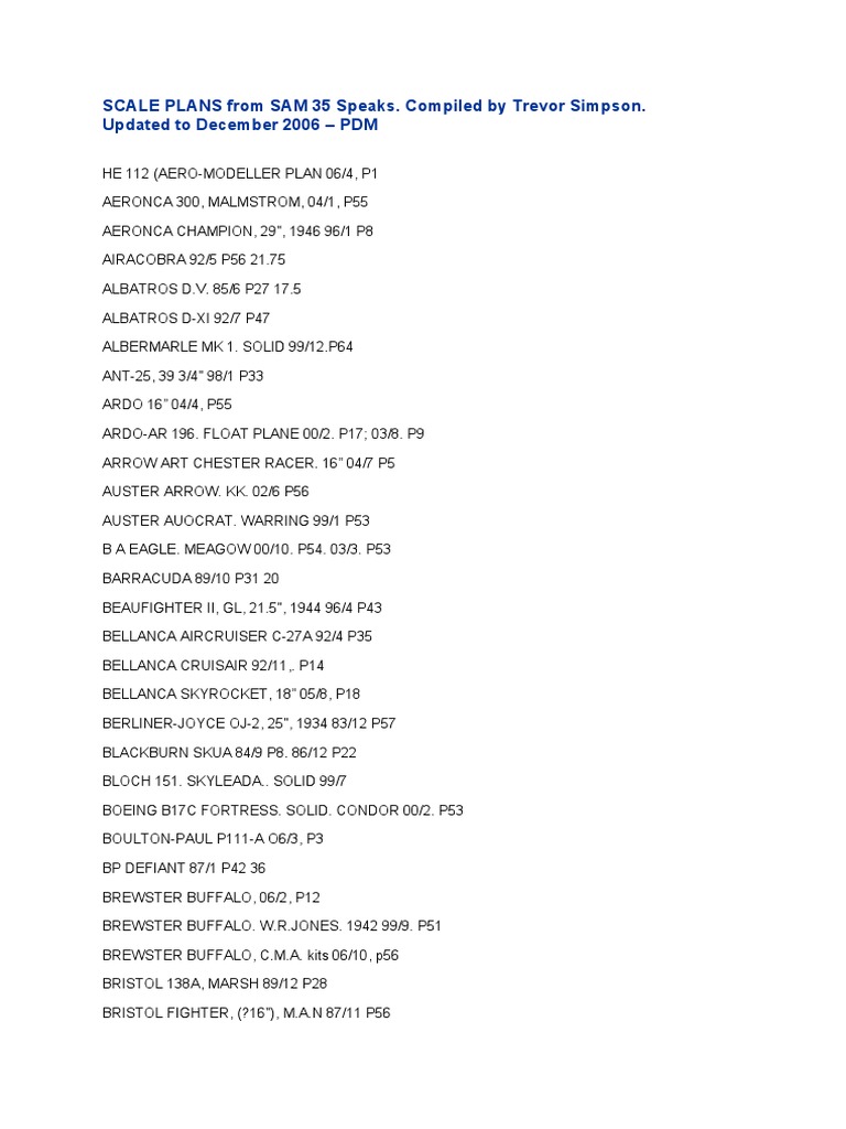 SCALE PLANS From SAM 35 Speaks. Compiled by Trevor Simpson. Updated To ...