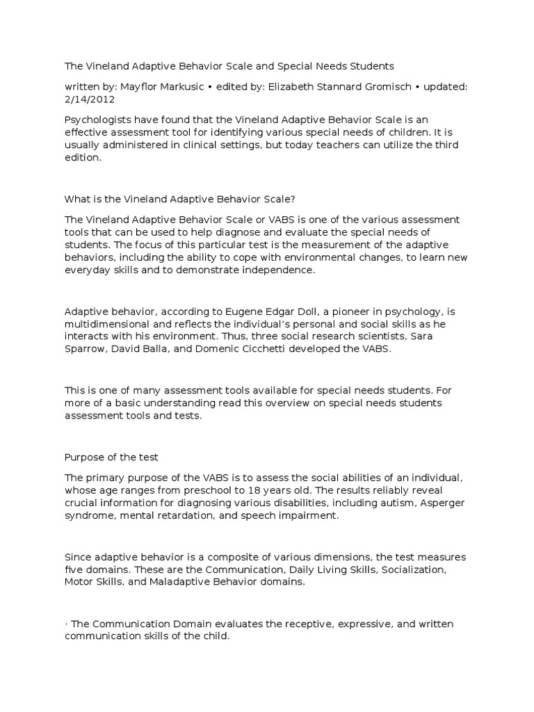 The Vineland Adaptive Behavior Scale and Special Needs Students ...