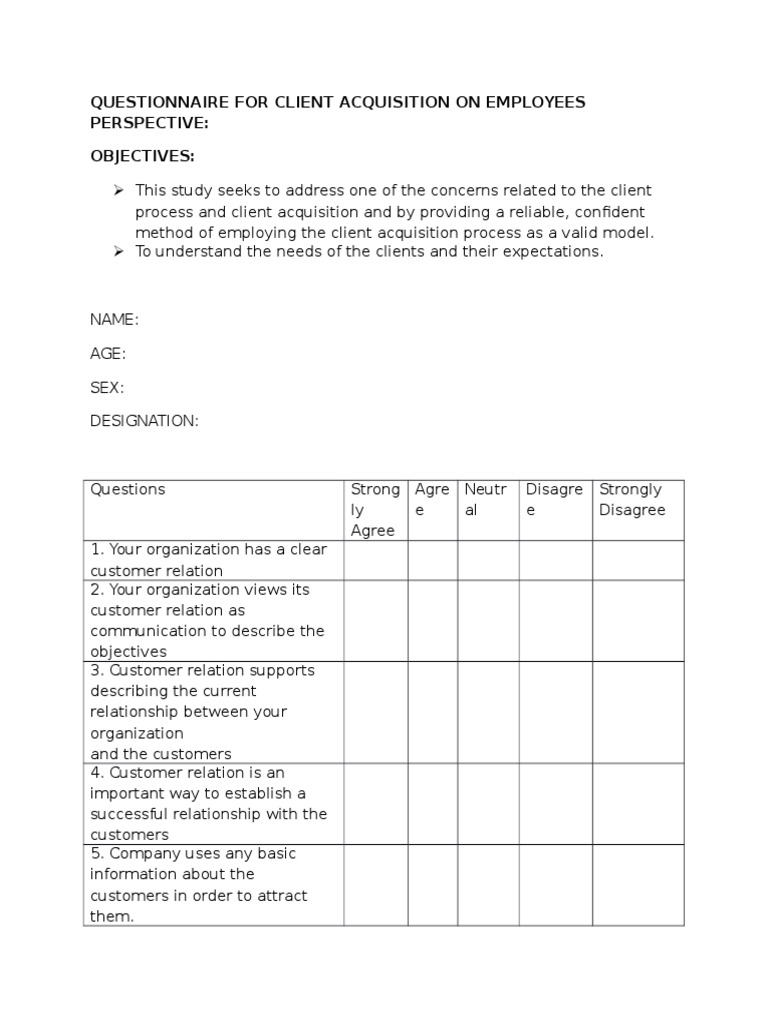 Questionnaire For Client Acquisition | PDF | Direct Marketing ...
