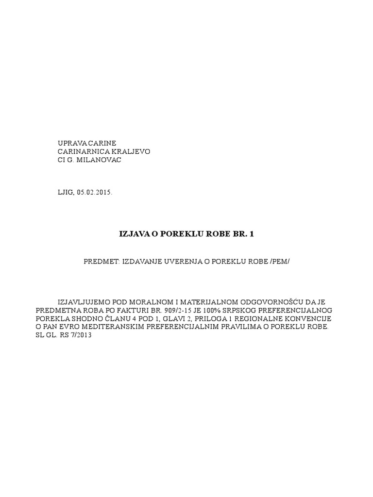 Izjava o Poreklu U19 | PDF