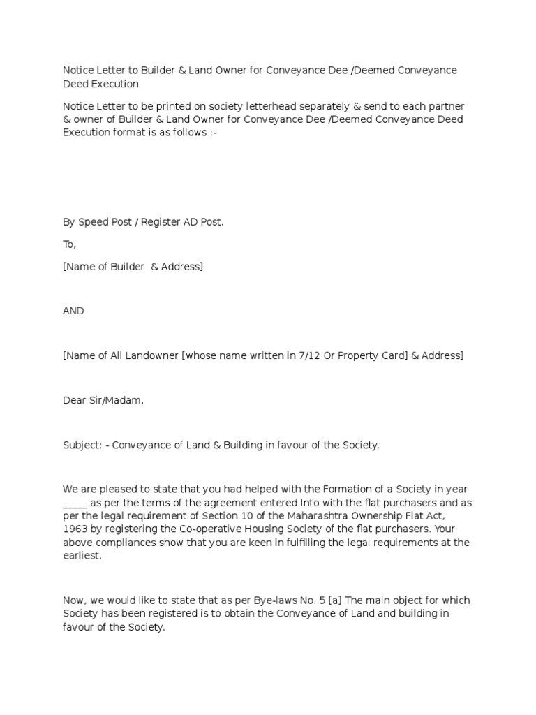Notice to Builder for Conveyance Deed | Conveyancing | Deed