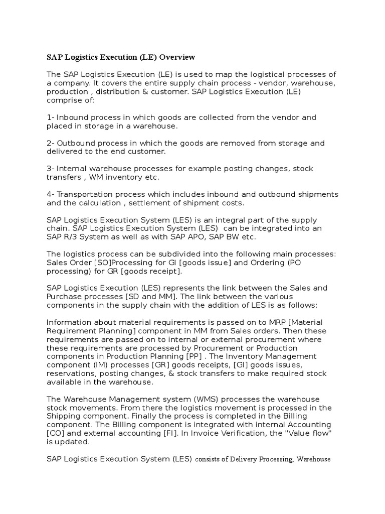 SAP Logistics Execution (LE) Overview | PDF